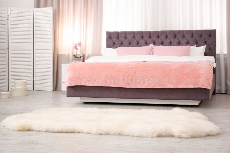 Large Comfortable Bed in Stylish Room. Apartment Interior Stock Image ...