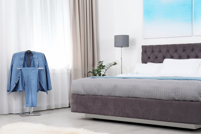 Large Comfortable Bed in Stylish Room. Stock Photo - Image of comfort ...