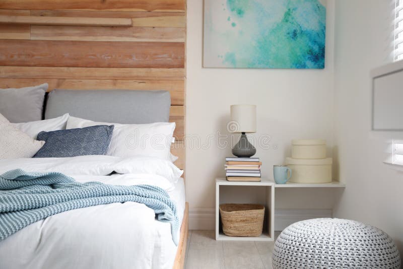 Large Comfortable Bed in Stylish Room Stock Image - Image of interior ...