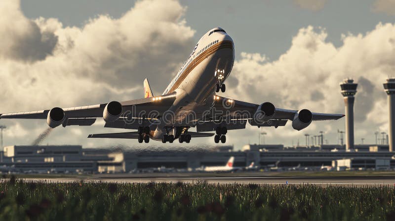 Large Commercial Airplane Takes Off from Runway into the Sky Showcasing ...