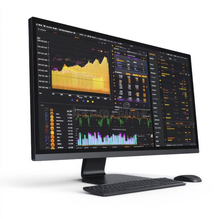 Large Computer Monitor Displaying Financial Data Analytics Interface with Graphs and Charts ...
