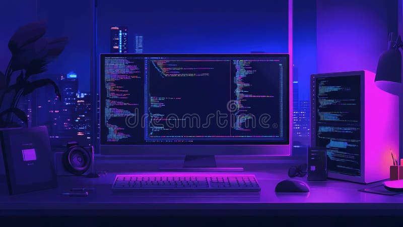 Computer Showing Source Code at Night in Modern Office with City View ...