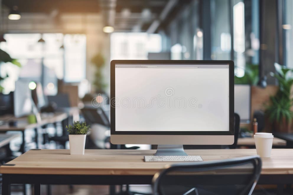 Large Computer Screen on Desk in Empty Modern Office Stock Illustration ...