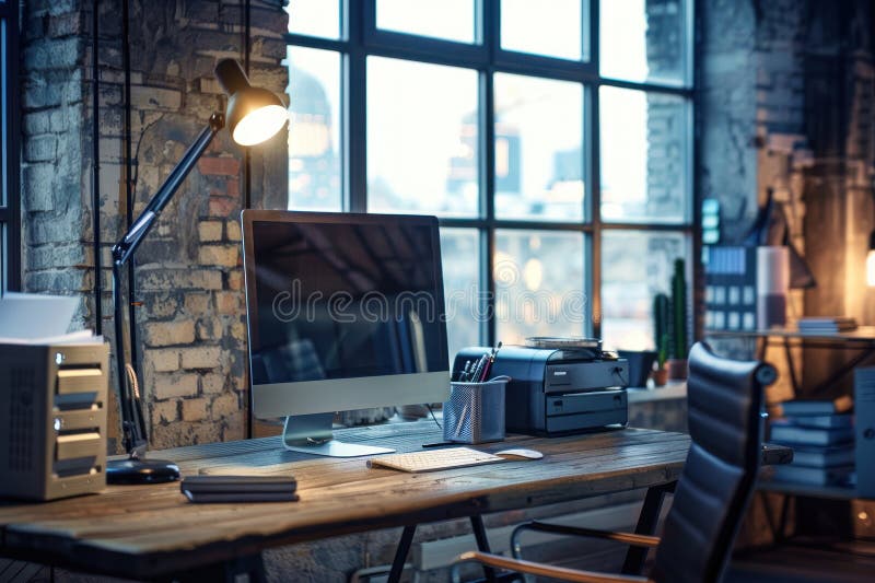 Large Computer Screen on Desk in Empty Modern Office Stock Illustration ...