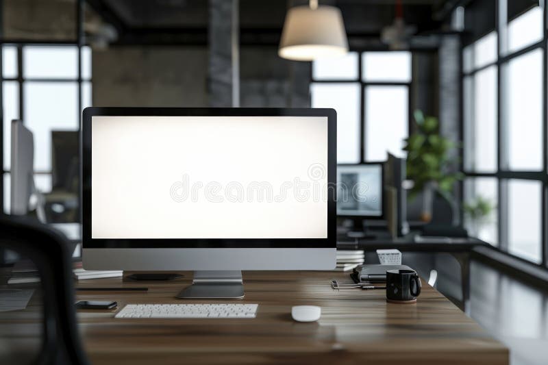 Large Computer Screen on Desk in Empty Modern Office Stock Illustration ...