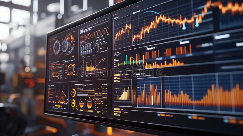 Modern Computer Displaying Various Data Analysis Charts in a High Tech Industrial Environment ...
