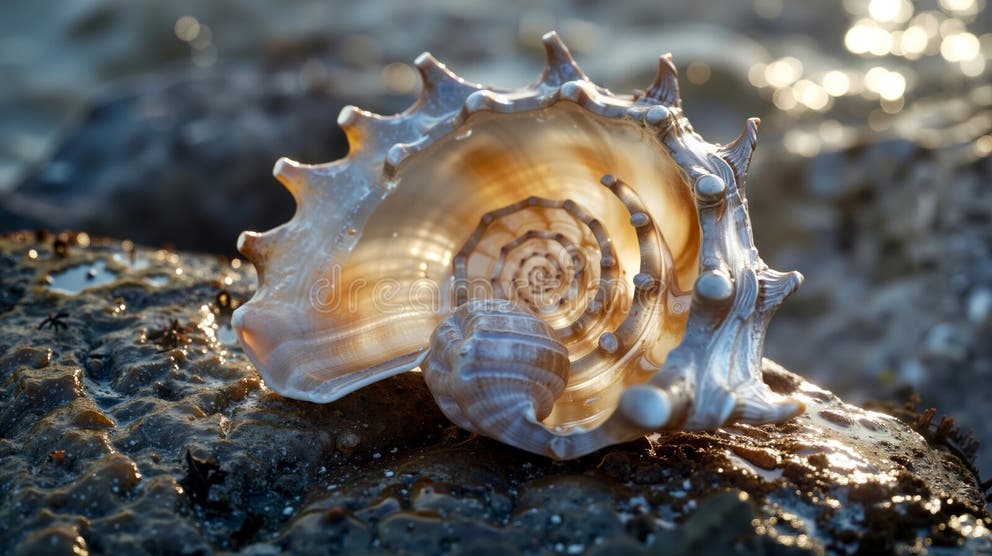 A Large Conch Shell Sitting on Top of a Rock on the Beach Stock Photo ...