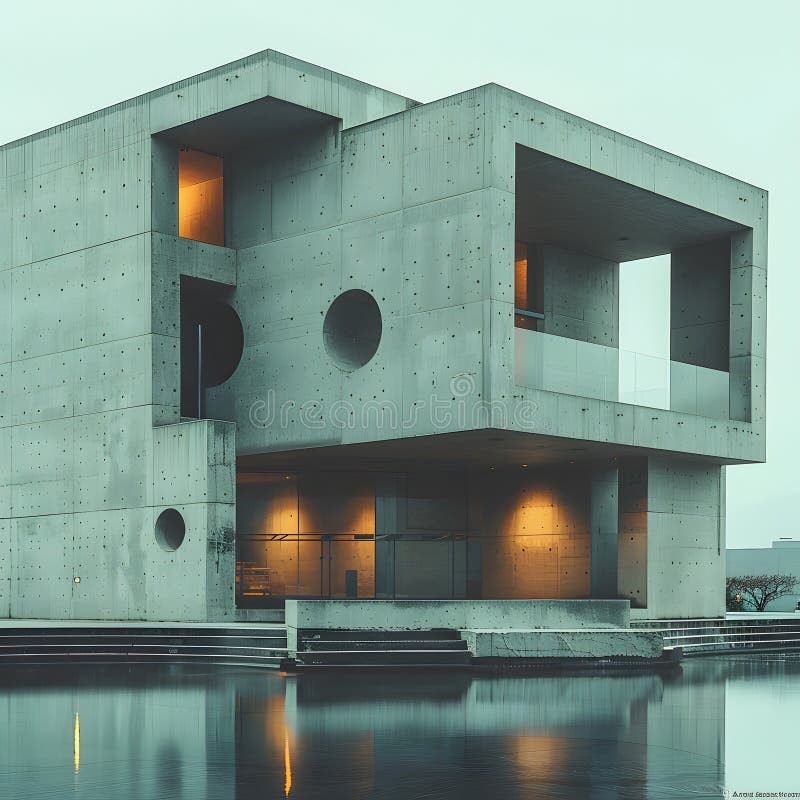 A Large Concrete Building with a Pool in Front of it Stock Image ...