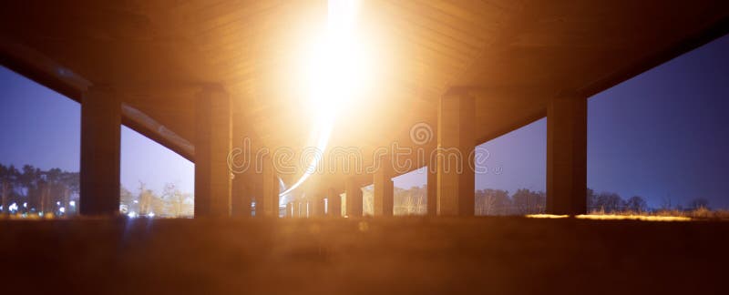 Large Concrete Columns Under the Bridge at Night Stock Photo - Image of ...
