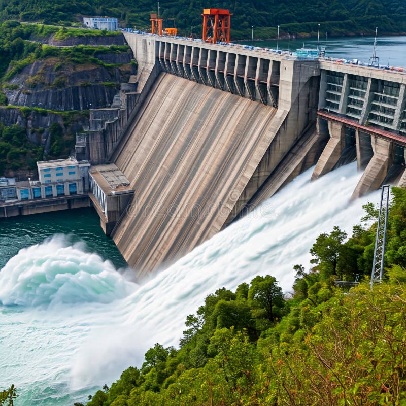 Large Concrete Dam with Water Cascading Over the Spillway Stock ...