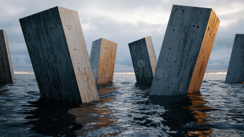 Huge Concrete Pillars Emerge at Different Angles from a Body of Water ...