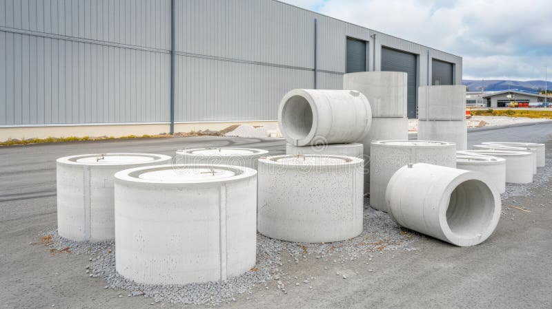Large Concrete Pipes are Laid in a Row on a Construction Site ...