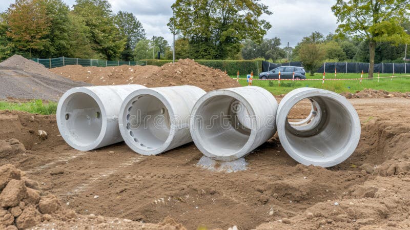 Large Concrete Pipes are Laid in a Row on a Construction Site ...