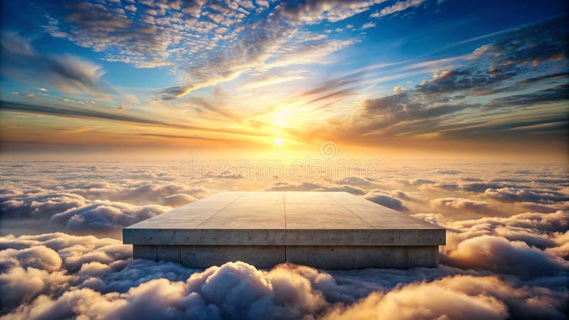 A Large Concrete Platform Floating Above the Clouds Under a Soft Sunset ...