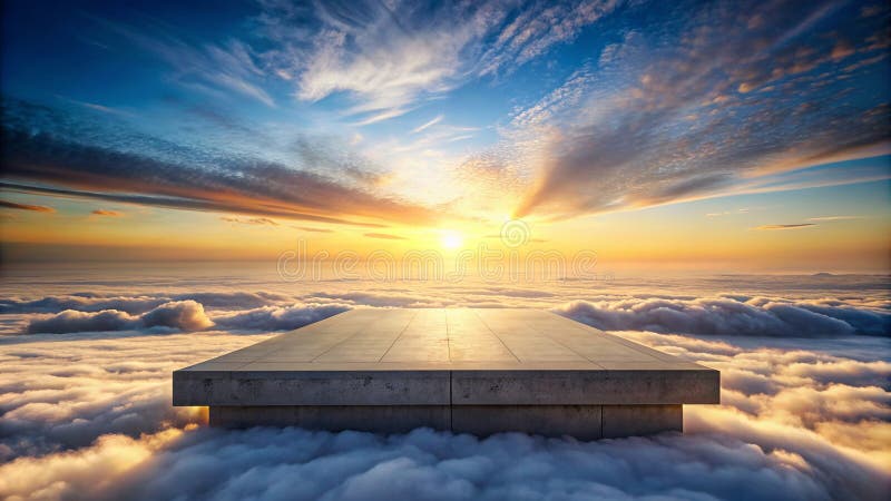 A Large Concrete Platform Floating Above the Clouds Under a Soft Sunset ...