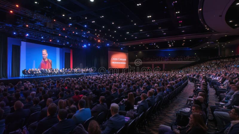Large Conference Hall Filled with Attendees Watching a Speaker on a ...