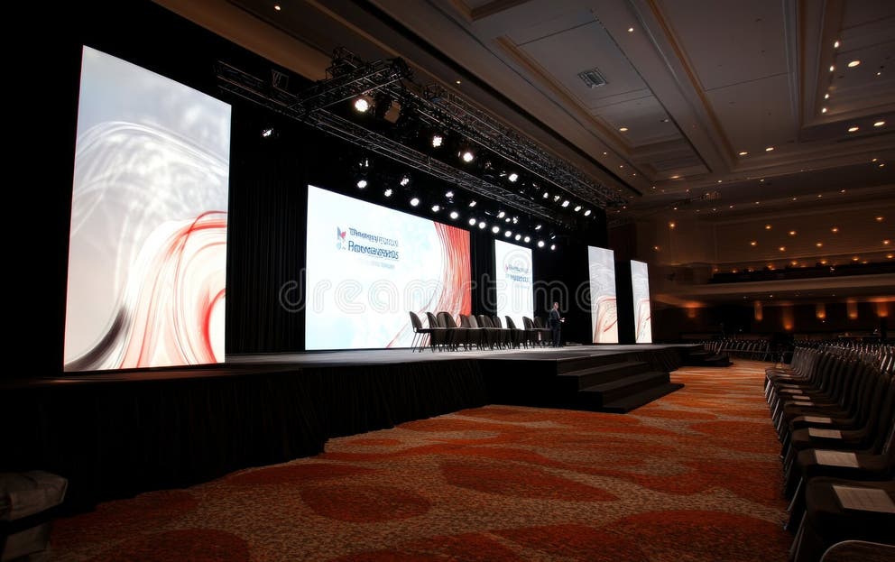 Large Conference Hall Stage Setup with Abstract Screen Displays Stock ...