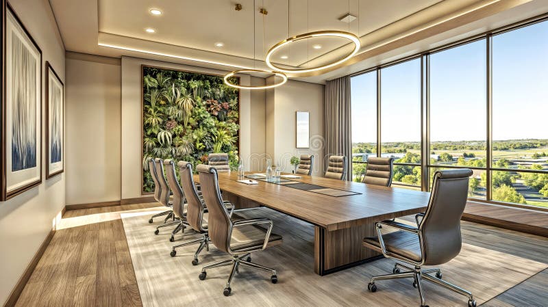 A Large Conference Room with a Green Wall and a Large Round Light ...