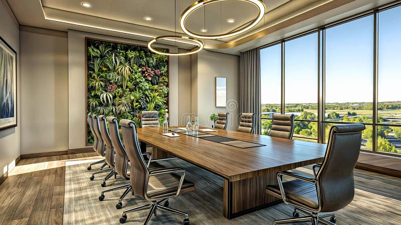 A Large Conference Room with a Green Wall and a Large Round Light ...