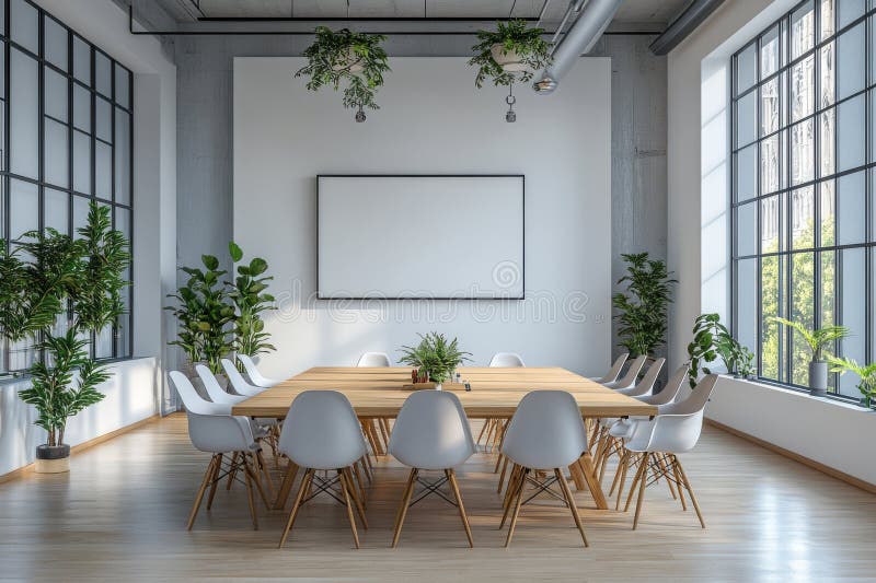 A Large Conference Room with a White Wall and a Large Empty Wall Stock ...
