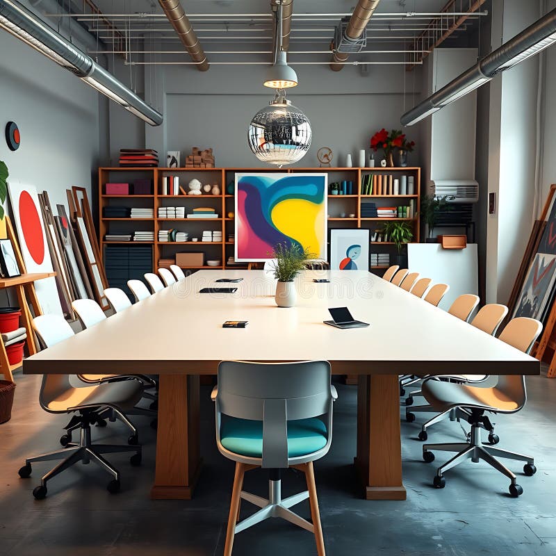 A Large Conference Table in a Creative Studio Surrounded by Art and ...