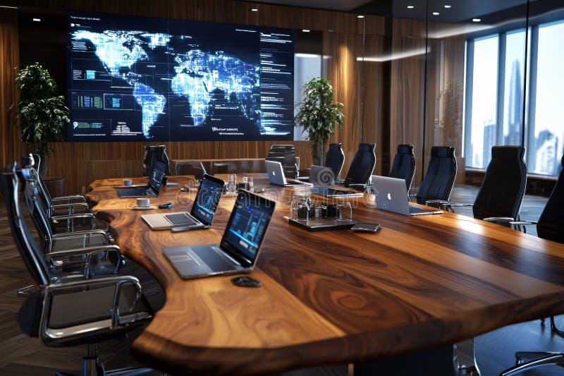 A Large Conference Table with a Large Screen on the Wall Behind it ...