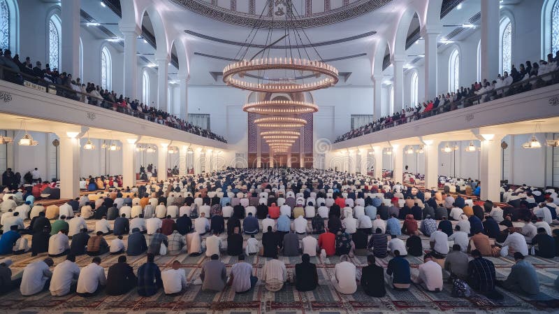 Large Congregation Praying Inside a Grand Mosque, Muslim Worshippers in ...