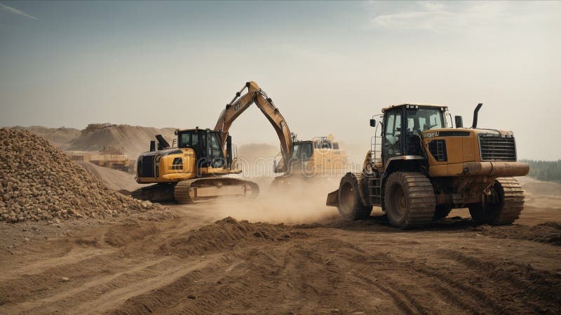 A Large Construction Back Hoe Vehicle on a Large Rock Pile with Another ...
