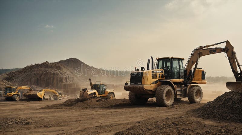 A Large Construction Back Hoe Vehicle on a Large Rock Pile with Another ...