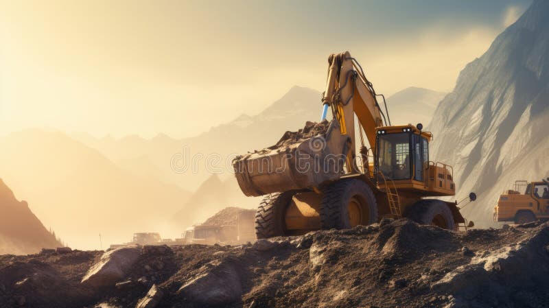 A Large Construction Back Hoe Vehicle on a Large Rock Pile with Another ...