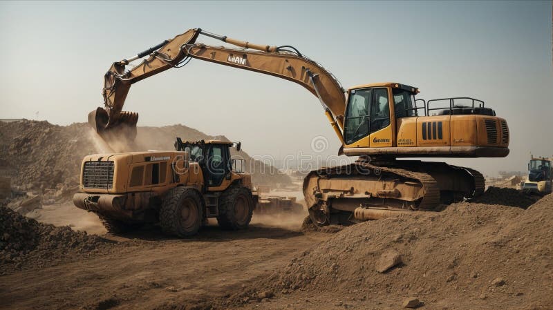 A Large Construction Back Hoe Vehicle on a Large Rock Pile with Another ...
