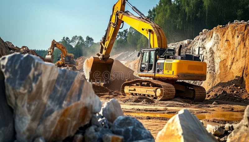 A Large Construction Back Hoe Vehicle on a Large Rock Pile with Another ...