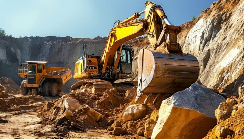 A Large Construction Back Hoe Vehicle on a Large Rock Pile with Another ...