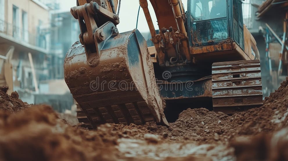A Large Construction Machine is Digging into the Dirt Stock ...