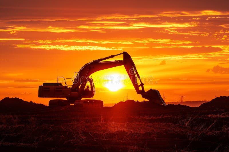 A Large Construction Machine is Working in a Field at Sunset Stock ...