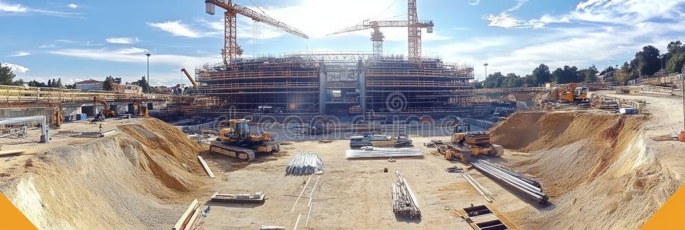 Large Construction Site with Cranes and Heavy Machinery, Building ...