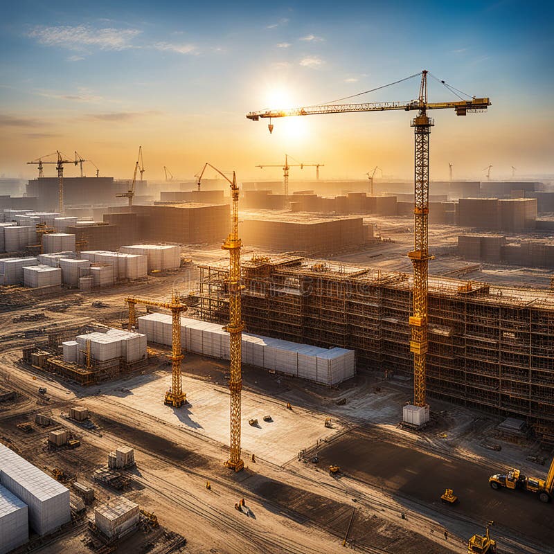 Large Construction Site Including Several Cranes Working on a Building ...