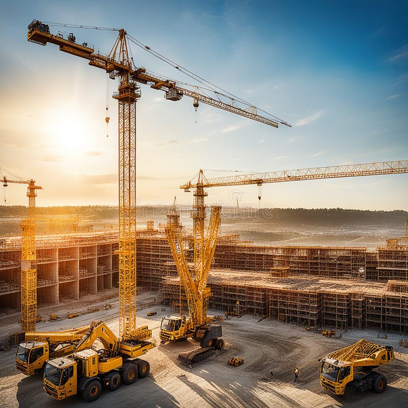 Large Construction Site Including Several Cranes Working on a Building ...