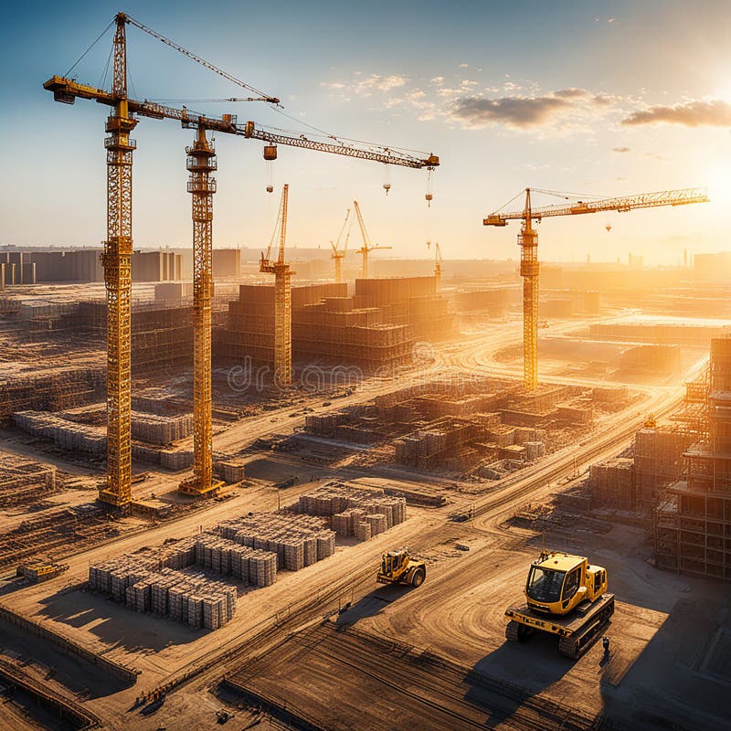 Large Construction Site Including Several Cranes Working on a Building ...
