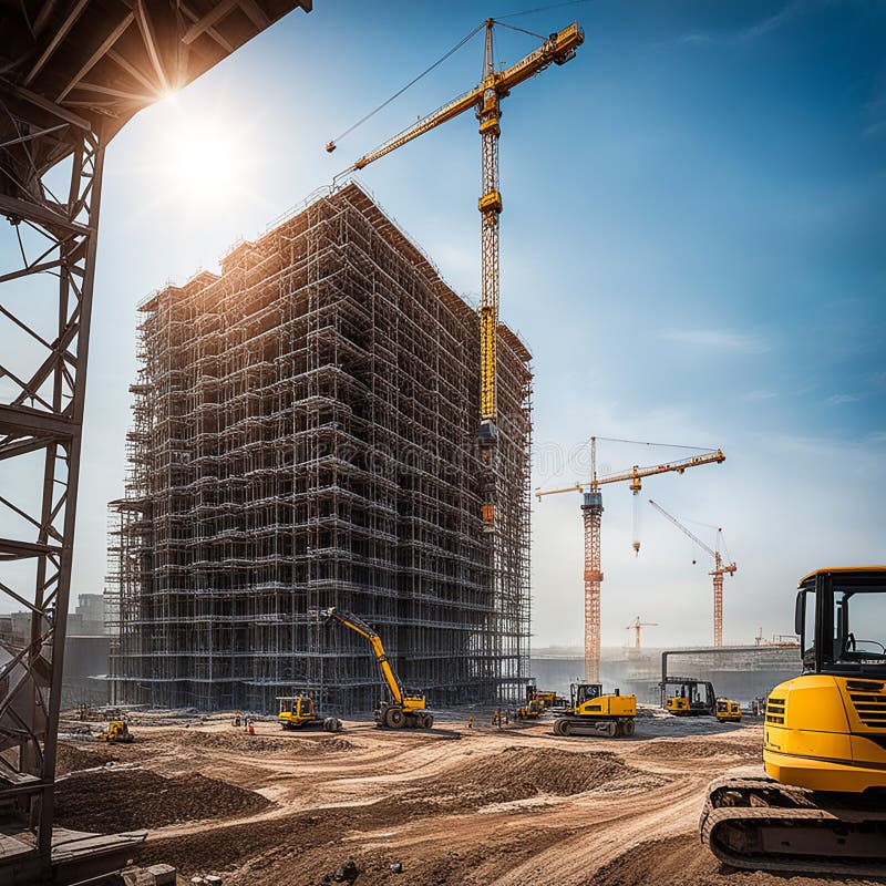 Large Construction Site Including Several Cranes Working on a Building ...