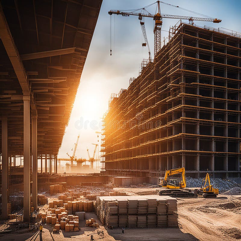 Large Construction Site Including Several Cranes Working on a Building ...