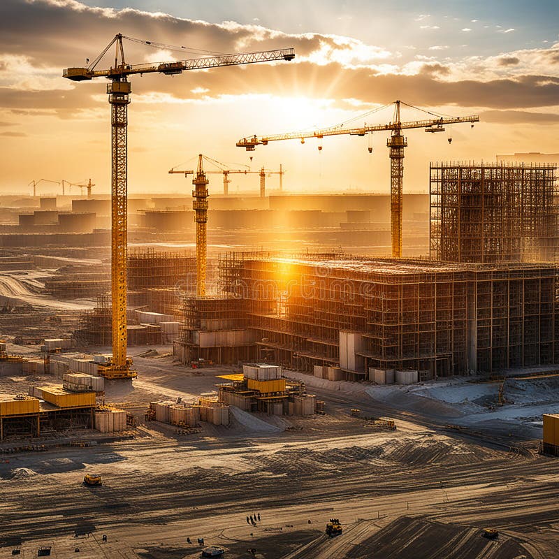 Large Construction Site Including Several Cranes Working on a Building ...