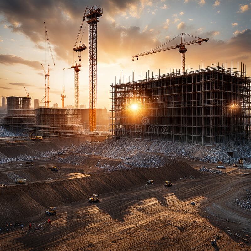 Large Construction Site Including Several Cranes Working on a Building ...