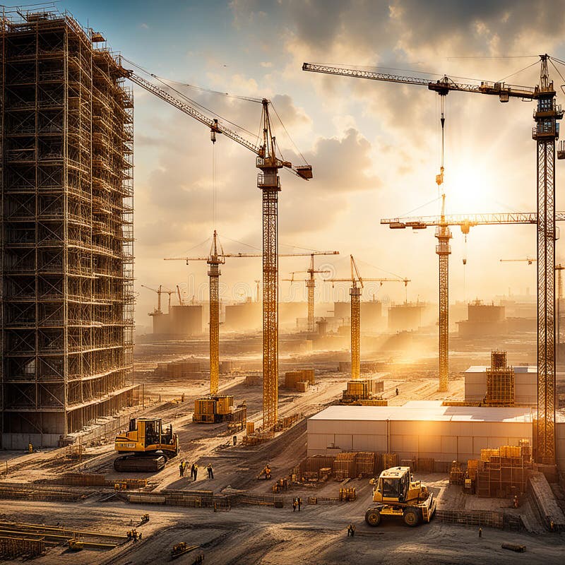 Large Construction Site Including Several Cranes Working on a Building Complex, with Evening ...
