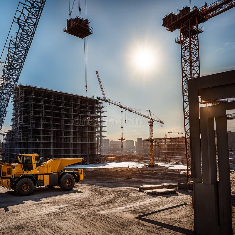 Large Construction Site Including Several Cranes Working on a Building ...