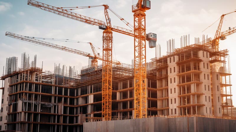 Large Construction Site Including Several Cranes Working on a Building ...
