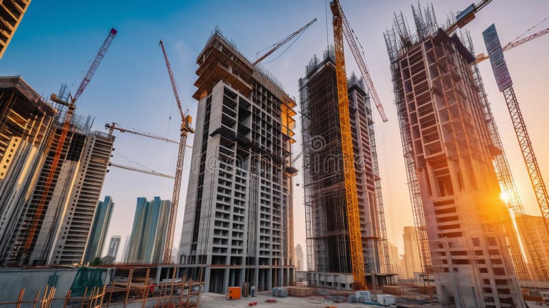 Large Construction Site Including Several Cranes Working on a Building ...