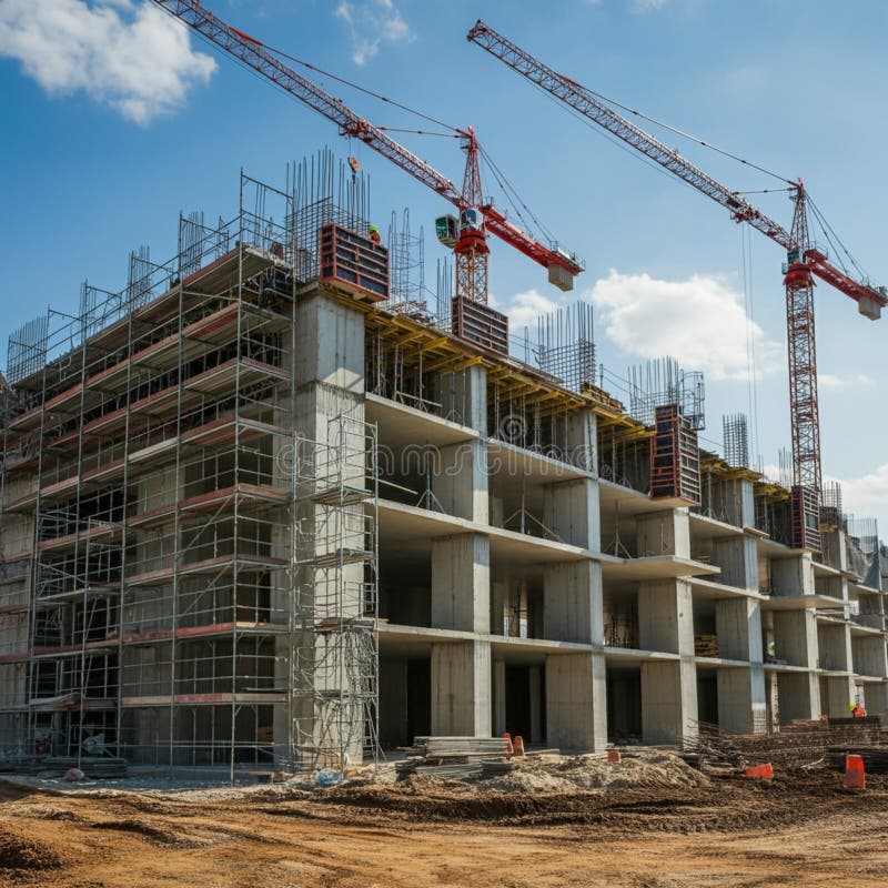 Large Construction Site with Three Tower Cranes Lifting Materials Above ...