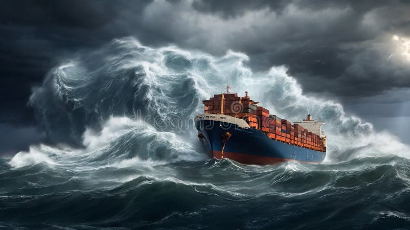A Large Container Cargo Ship in Extremely Stormy Weatherwith Waves ...