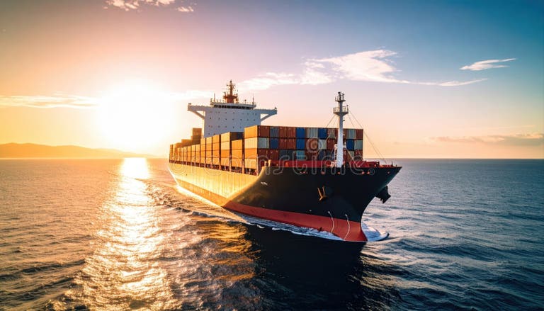 Large Container Cargo Ship Sailing through Ocean Du Sunset with ...